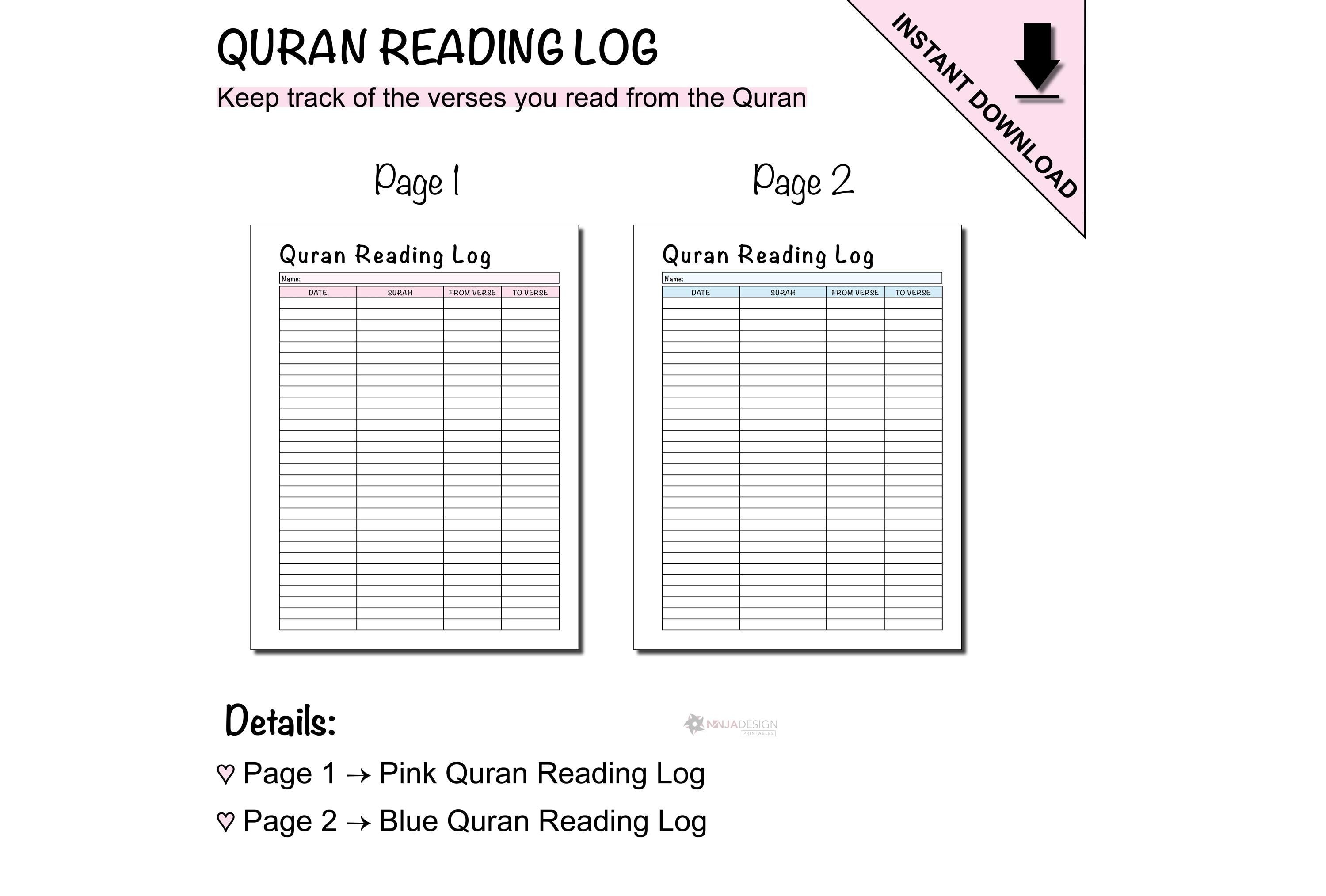 Printable Quran Reading Log to Track Verses of Surahs Read | Ramadan ...