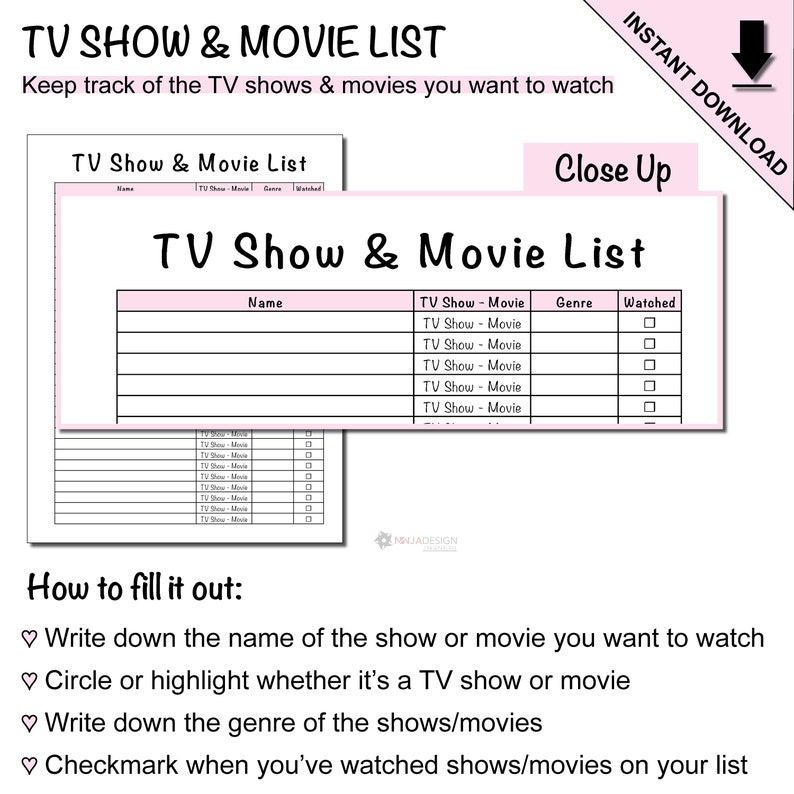 Printable TV Show and Movie List Tracker for Shows and Movies - Etsy