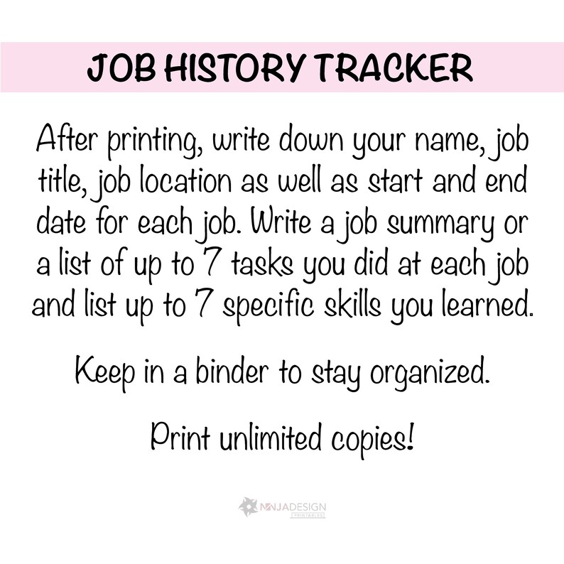 Printable Job History Tracker to Track Work Employment History (Instant ...