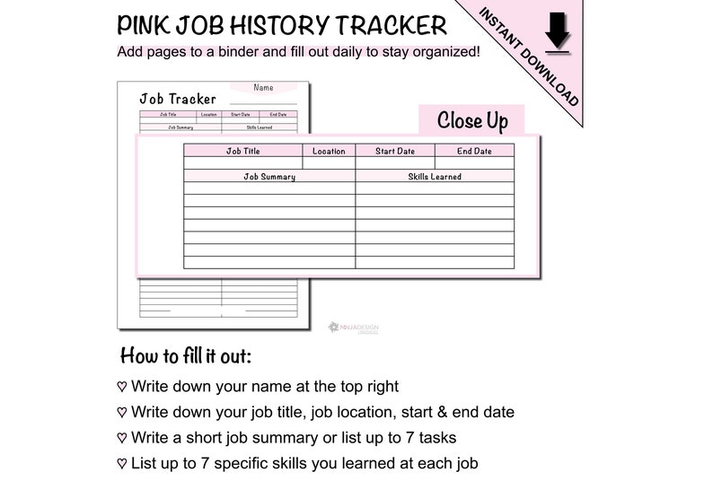 Printable Job History Tracker to Track Work Employment History - Etsy