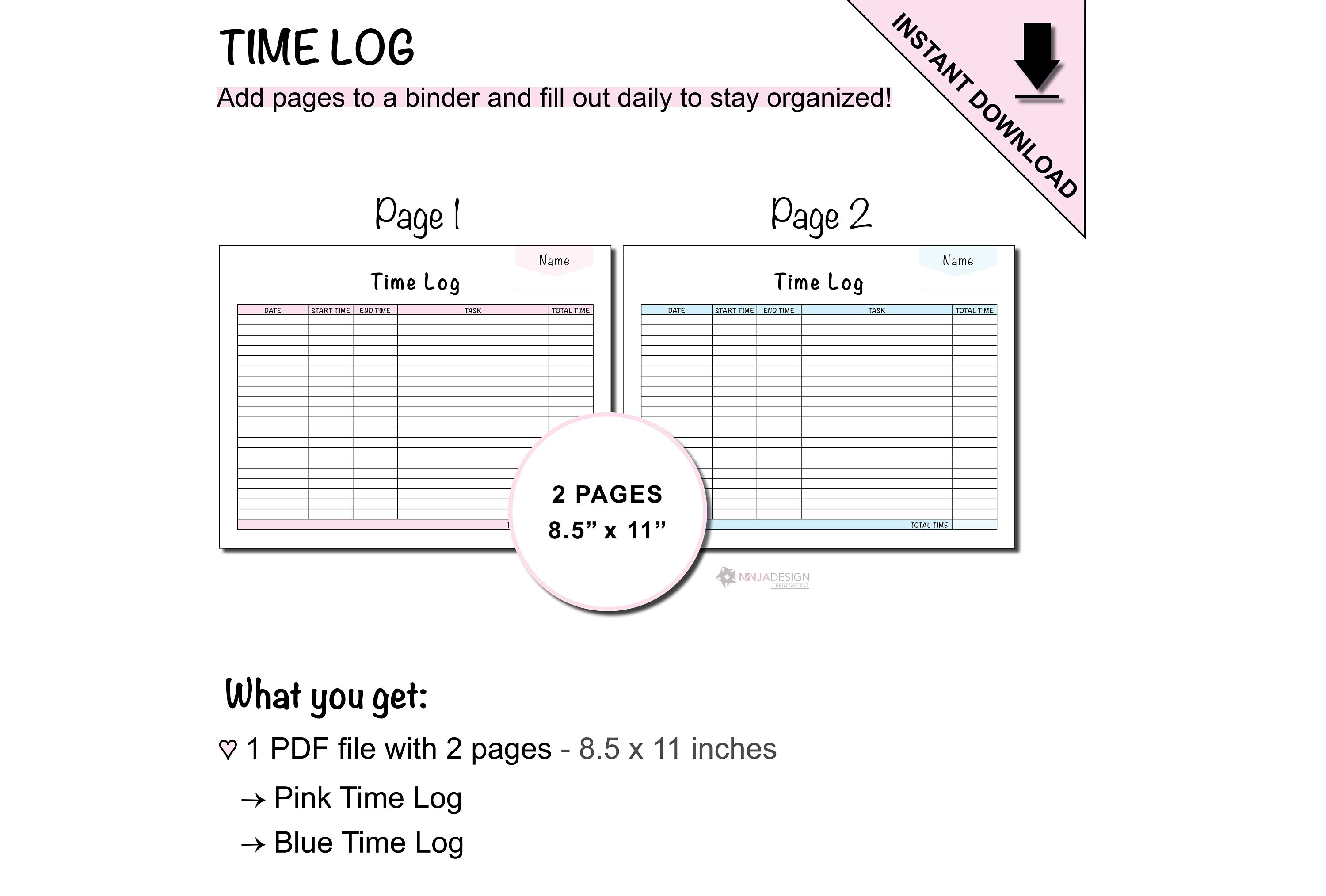 Printable Time Log Sheet to Track Time Spent Working on Tasks for ...