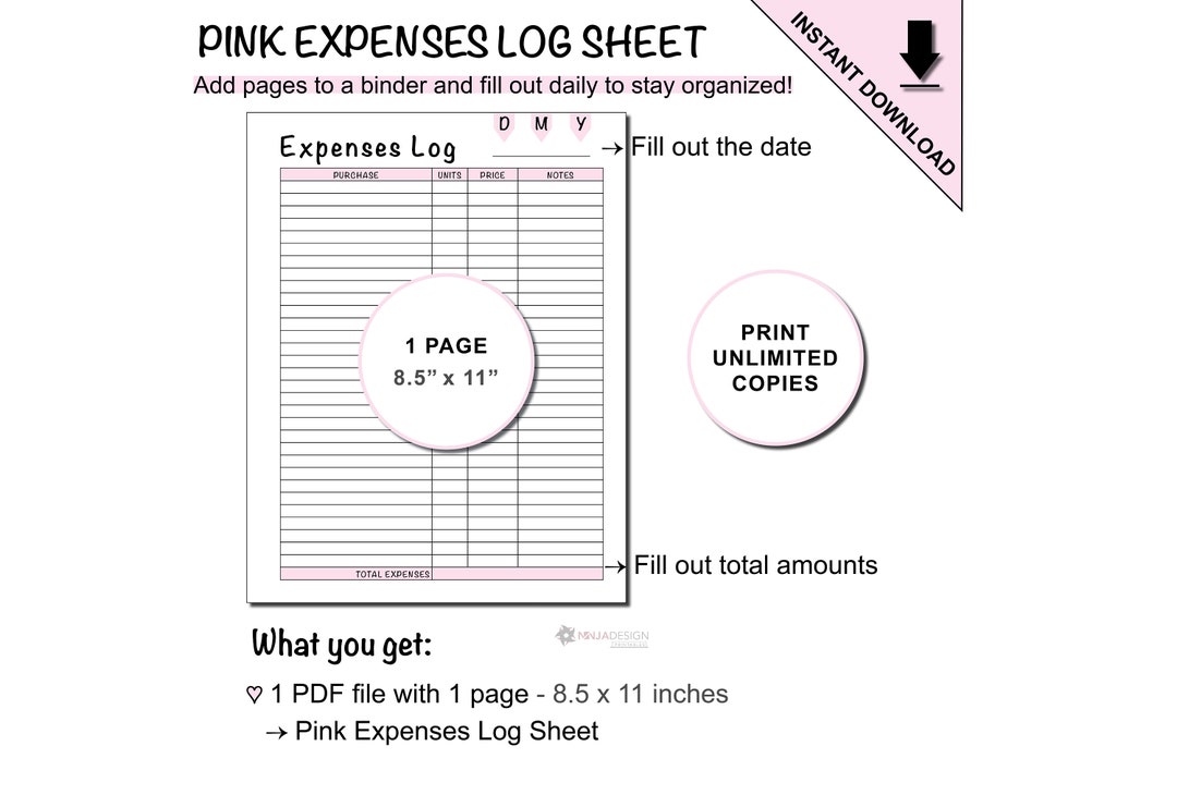Printable Pink Expenses Log Sheet to Track Small Business Expenses - Etsy
