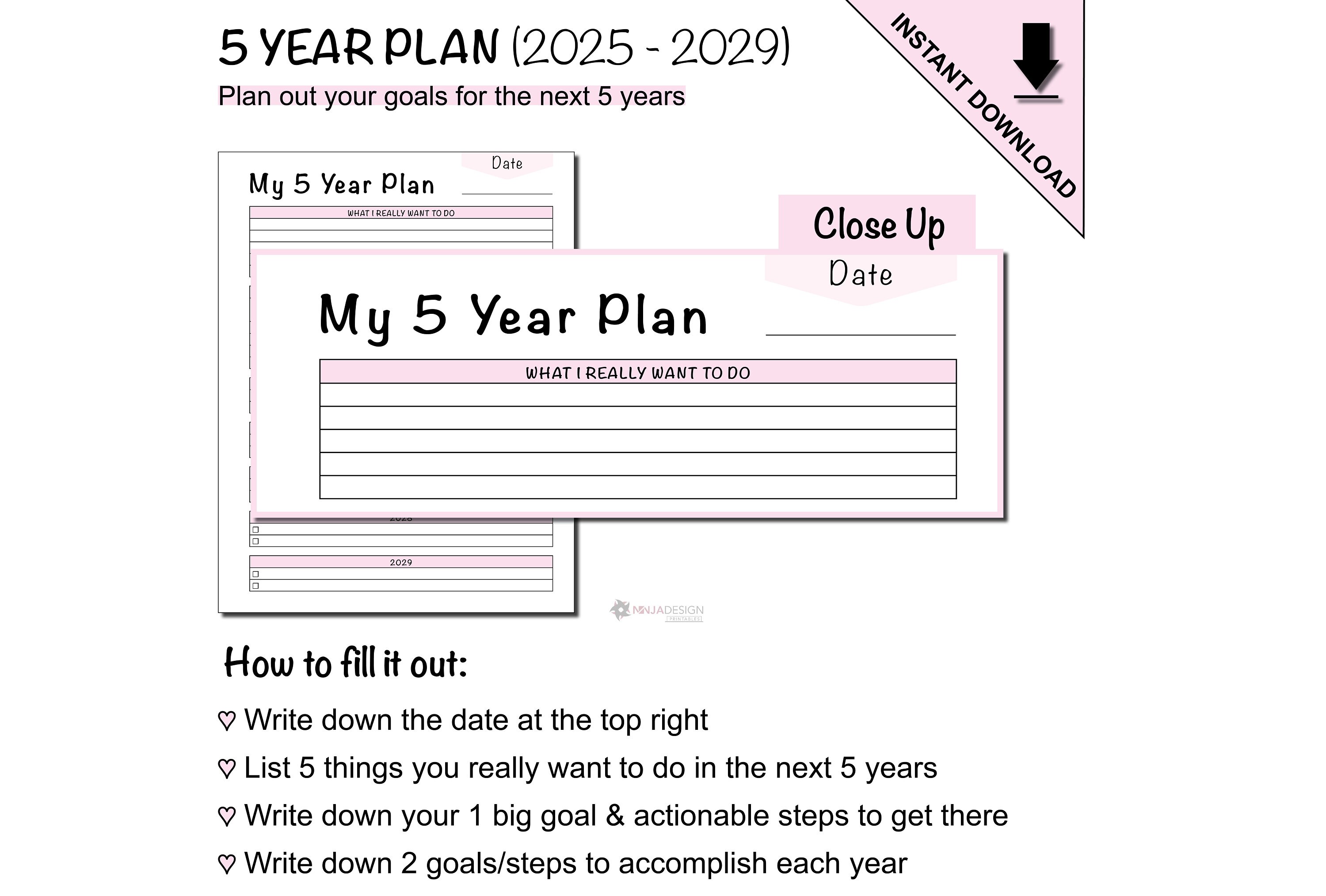 Printable 5 Year Goal Planning Template for 2025 to 2029 Plus Blank ...