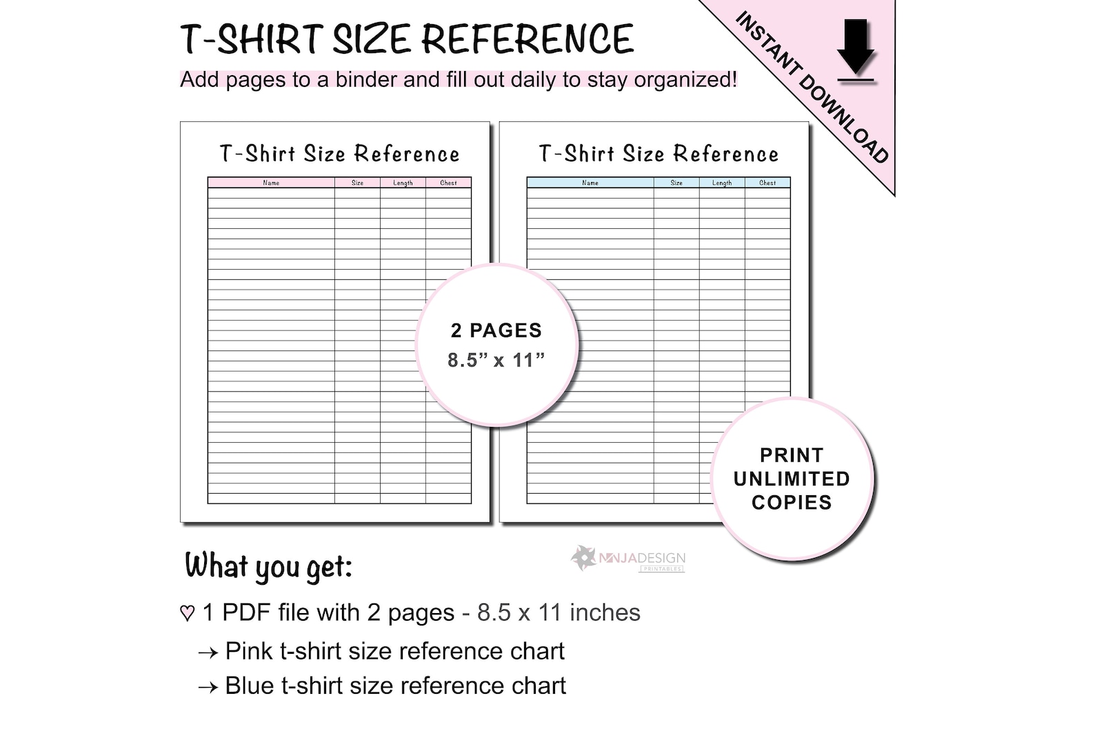 Printable T-shirt Size Reference Chart Tracker Sheet for Small ...