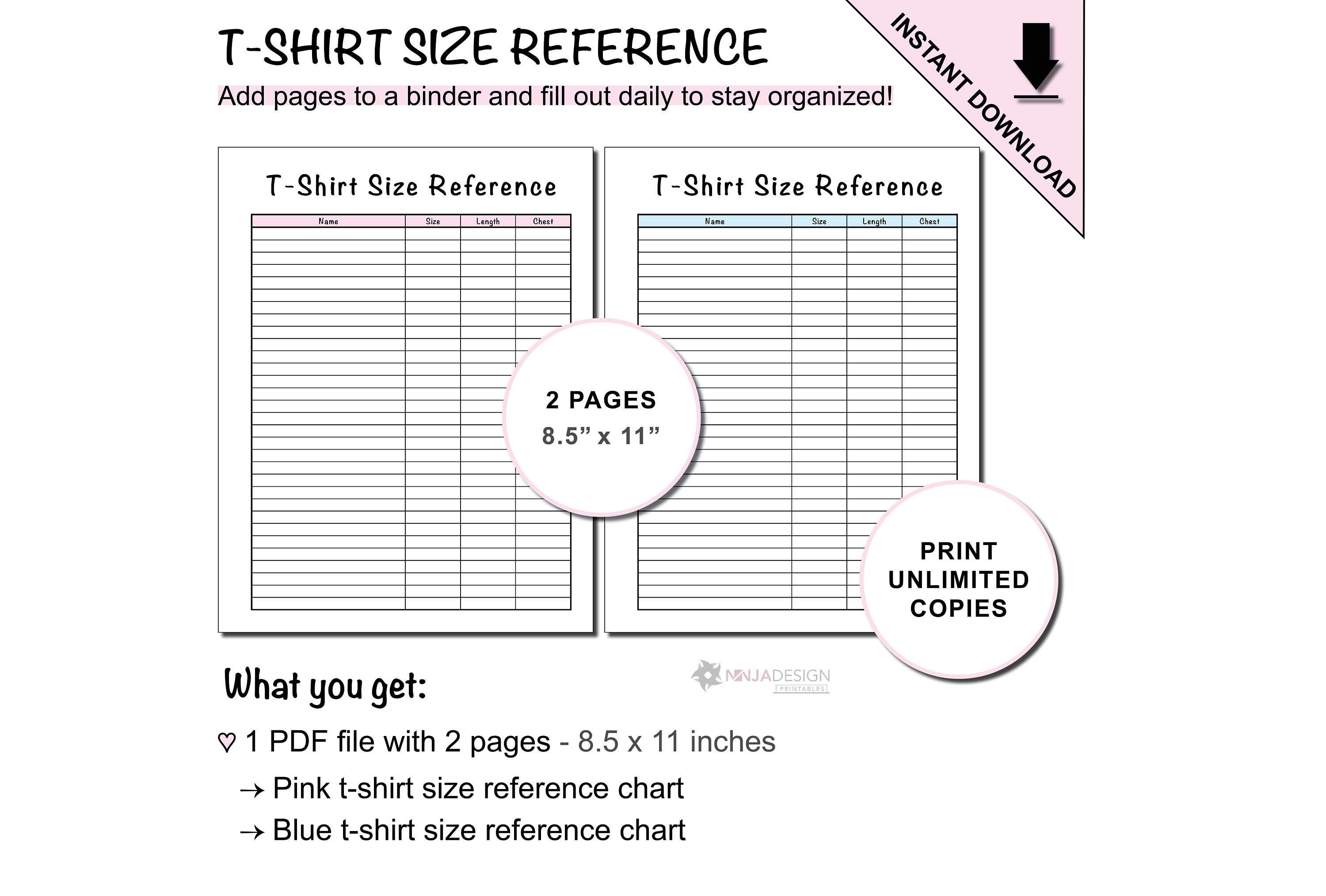 Printable T-shirt Size Reference Chart Tracker Sheet for Small ...