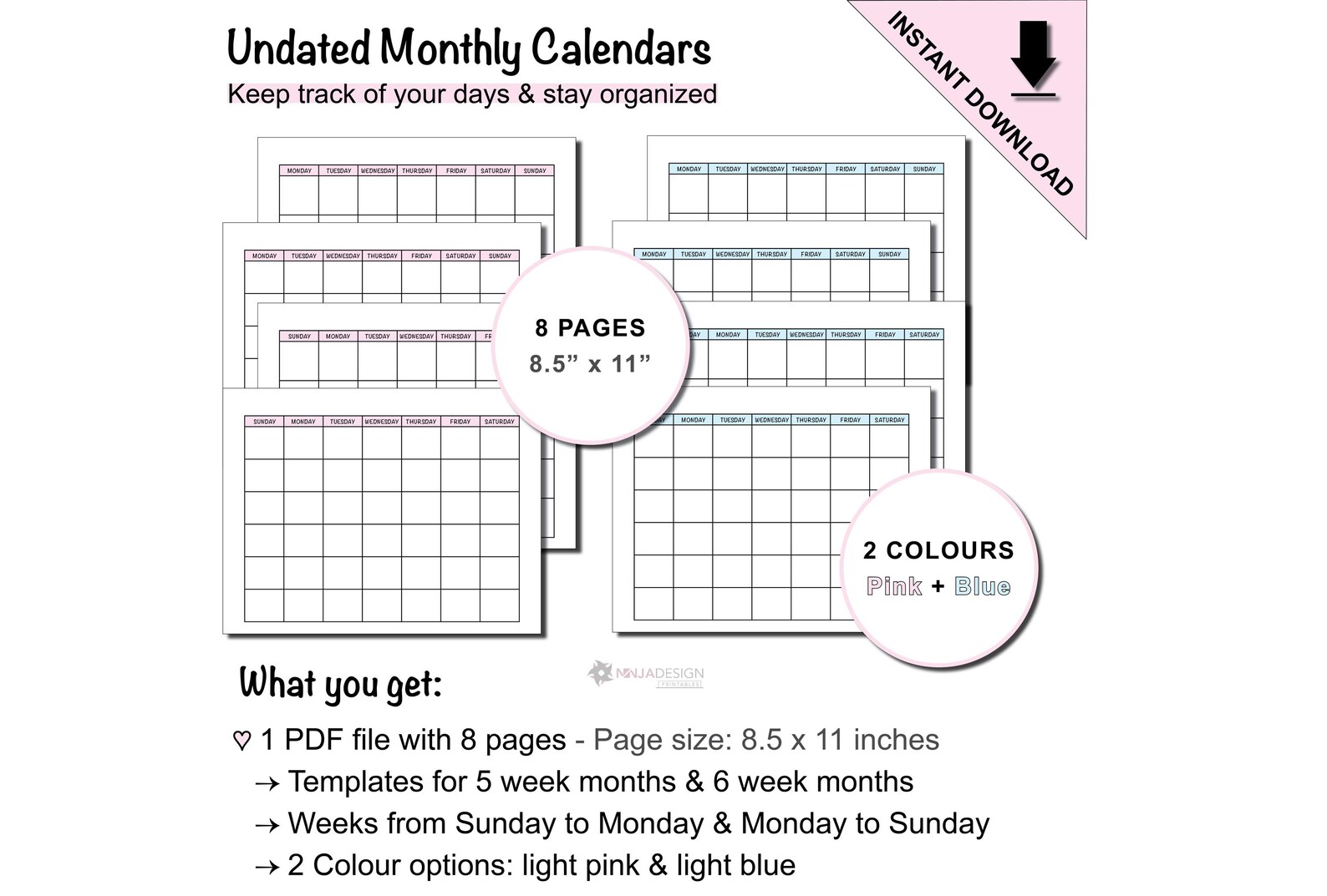 Printable Undated Monthly Calendar With 5 Week Months and 6 Week Months ...