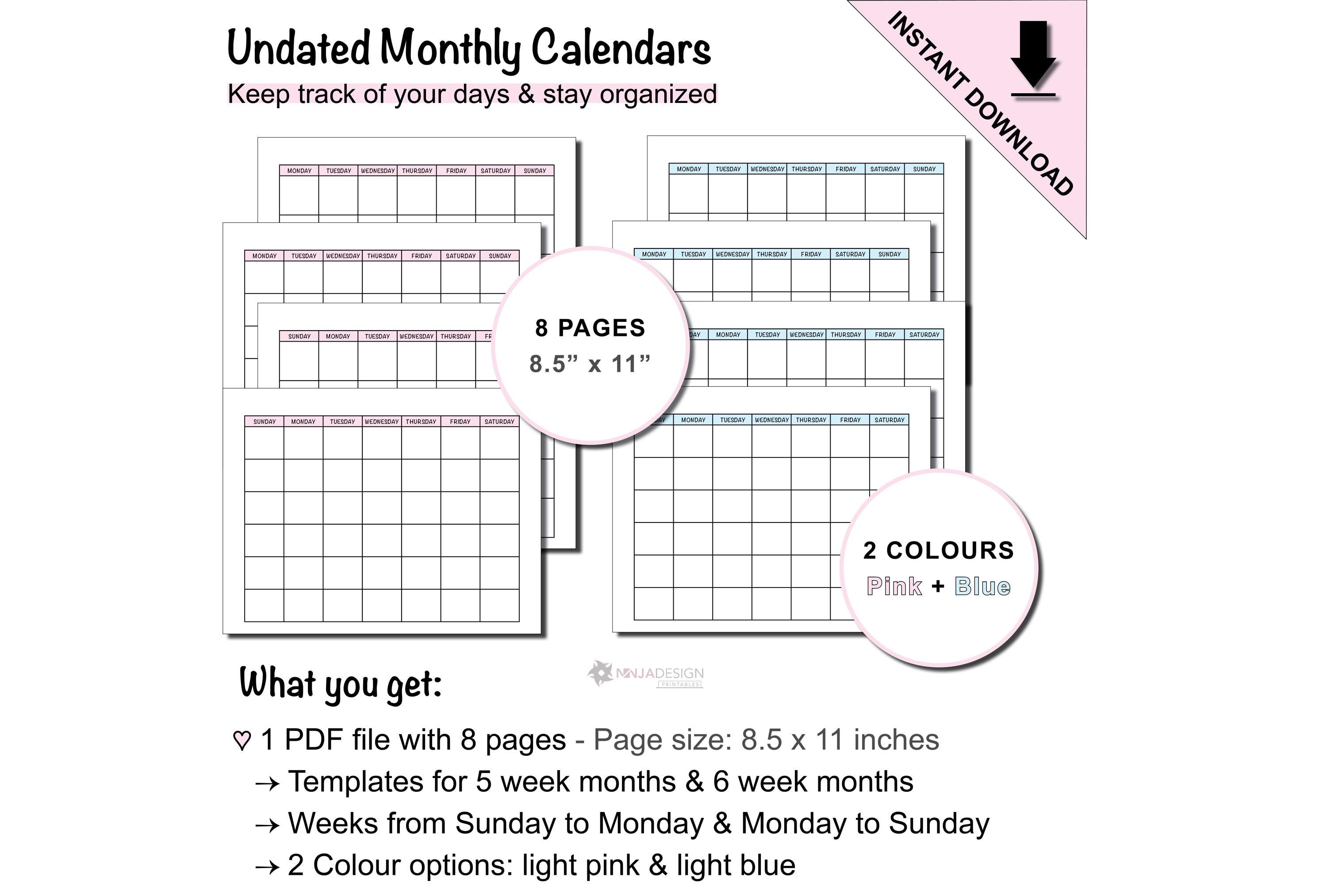 Printable Undated Monthly Calendar With 5 Week Months and 6 Week Months ...