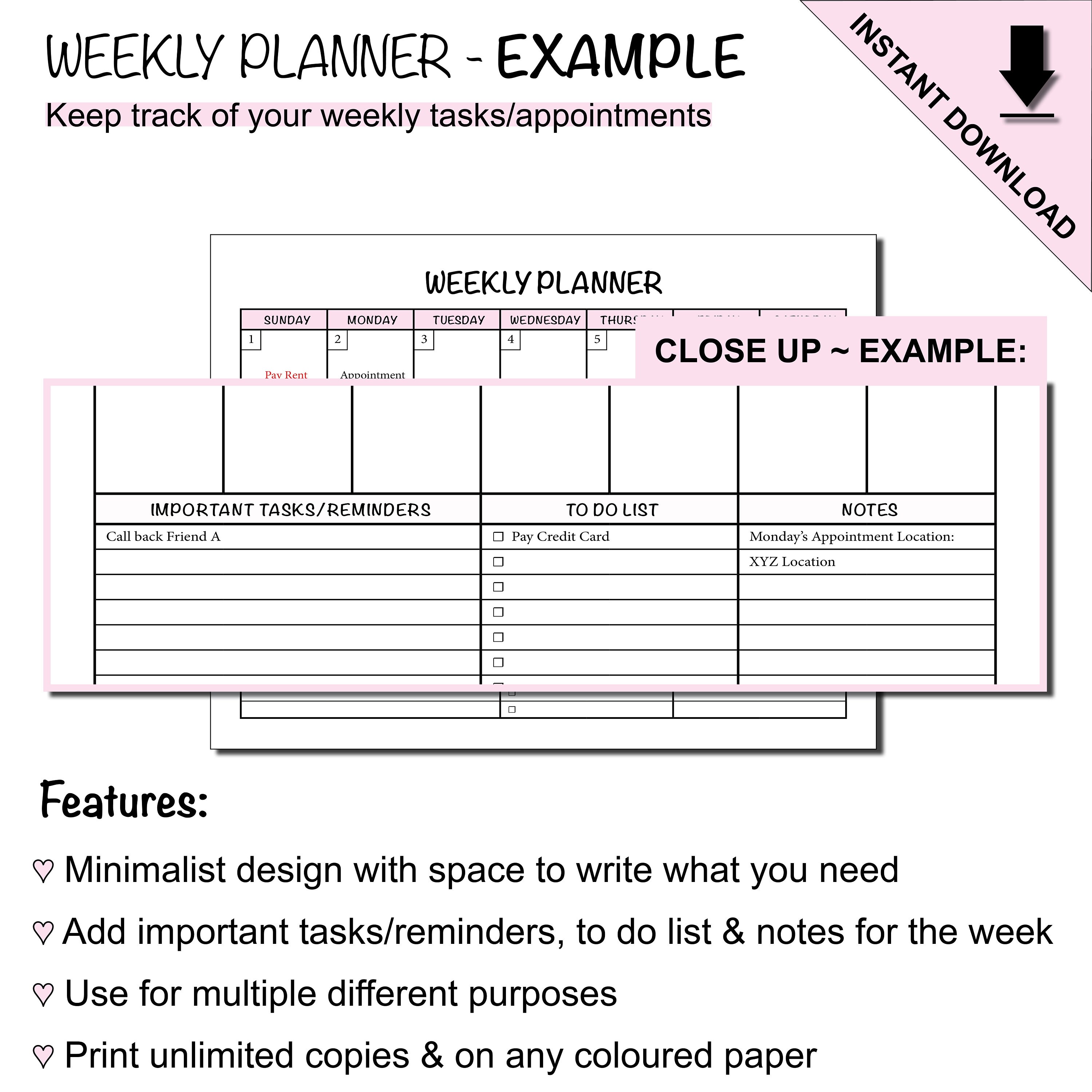 Printable Weekly Planner Sheet With to Do List and Notes Section ...