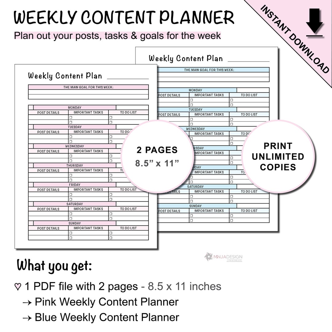 Printable Weekly Content Planner Sheets to Keep Track of Your Weekly ...