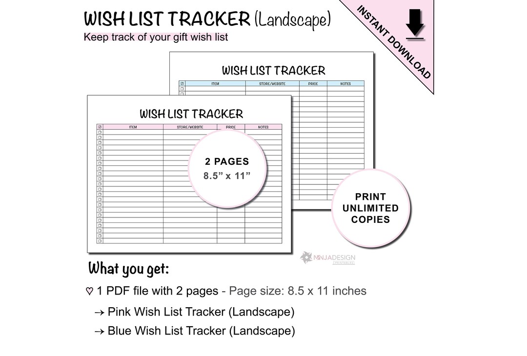 Printable Landscape Wish List Tracker to Keep Track of Things You Want ...