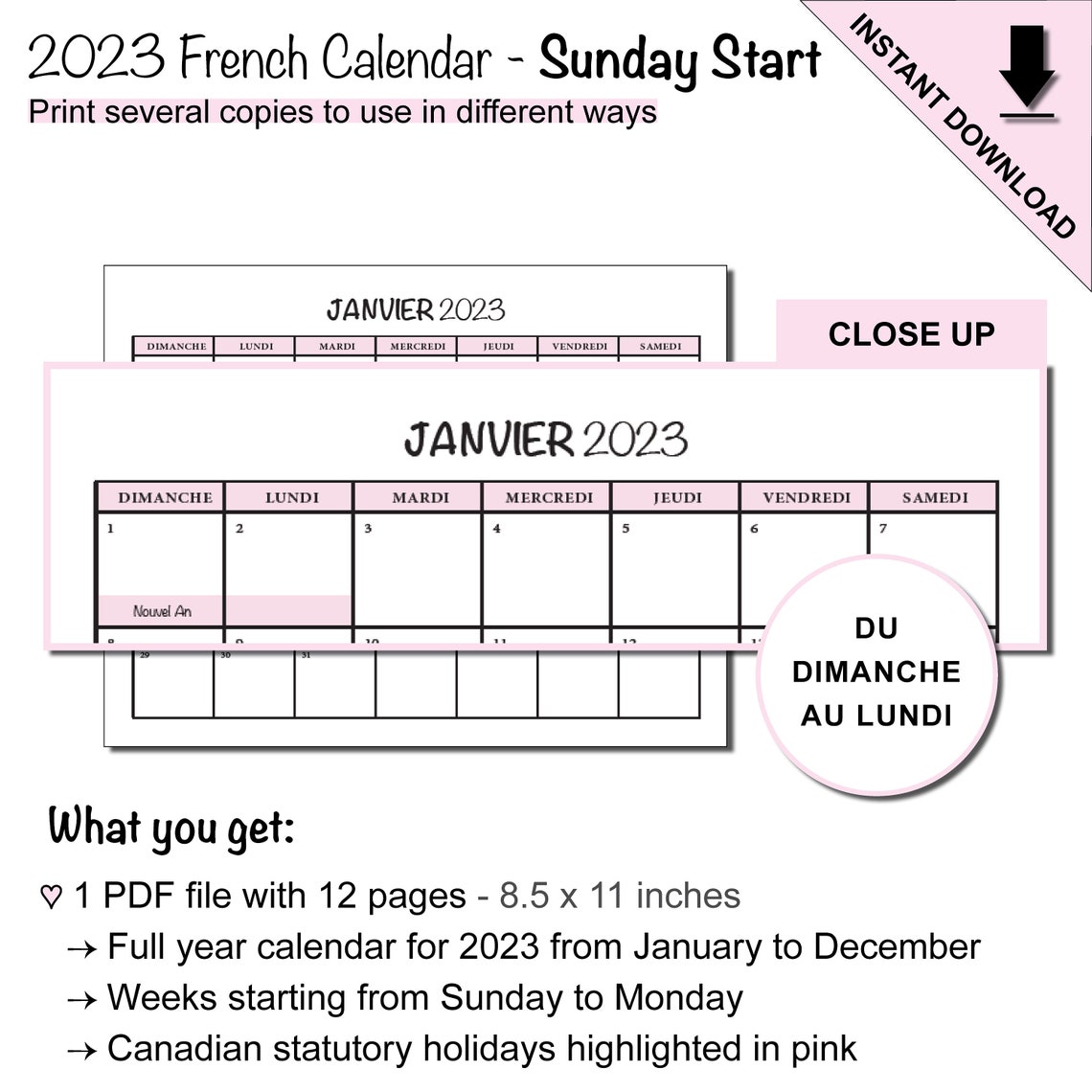 Printable Minimalist Calendar in French for 2023 With Canadian - Etsy