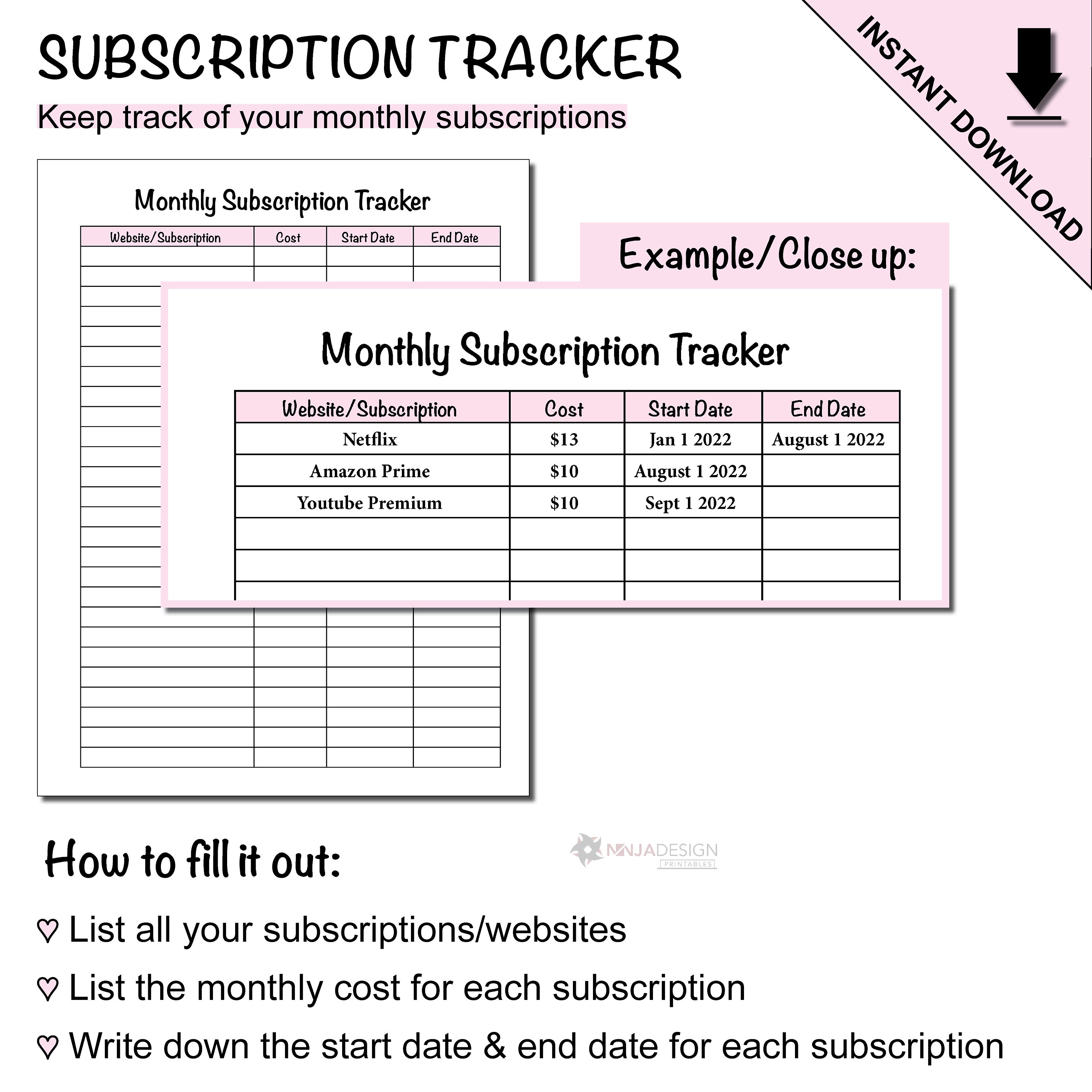 Printable Monthly Subscription Tracker to Track Website - Etsy