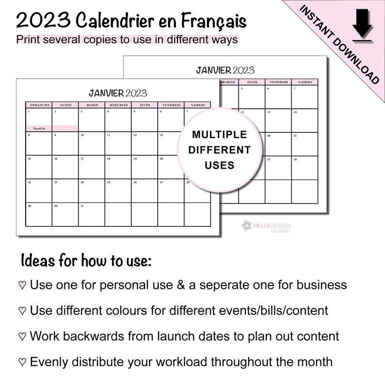 Printable Minimalist Calendar in French for 2023 With Canadian - Etsy