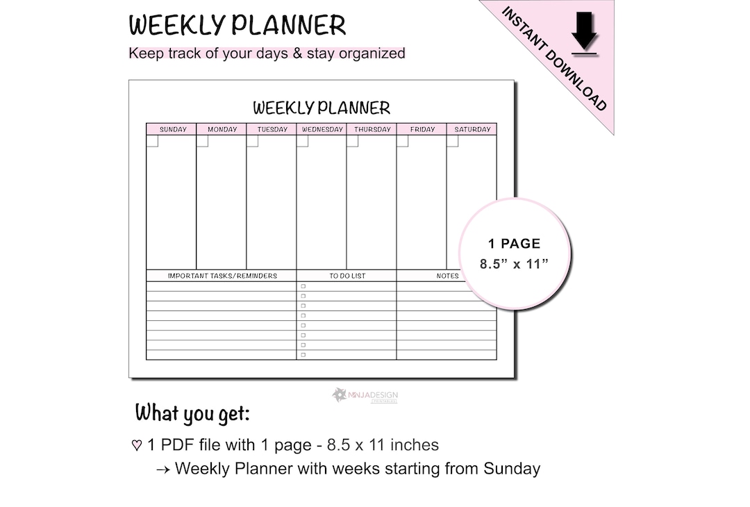Printable Weekly Planner Sheet With to Do List and Notes Section ...