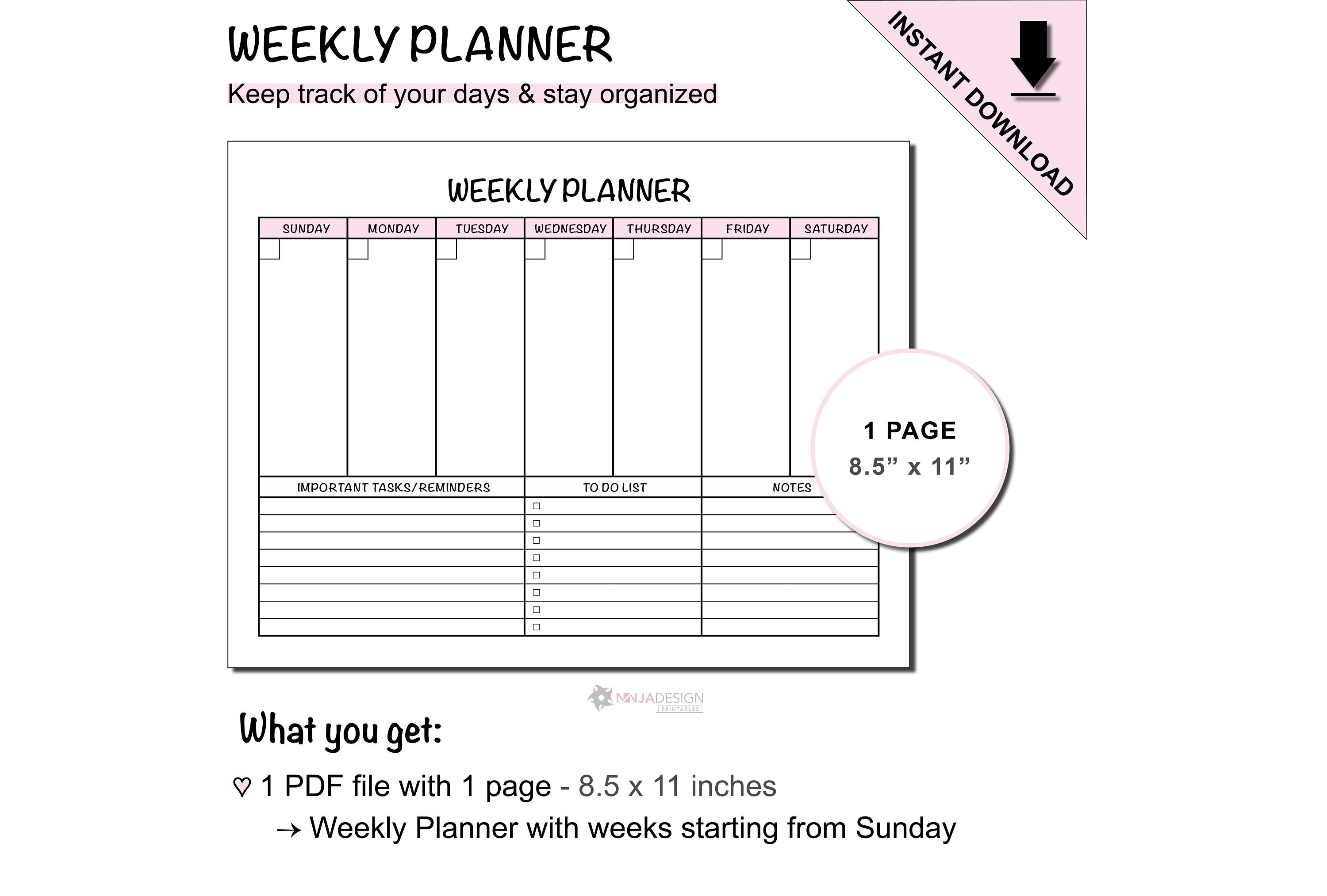 Printable Weekly Planner Sheet With to Do List and Notes Section ...
