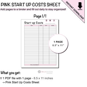 Printable Start up Cost Sheet for Business - Etsy