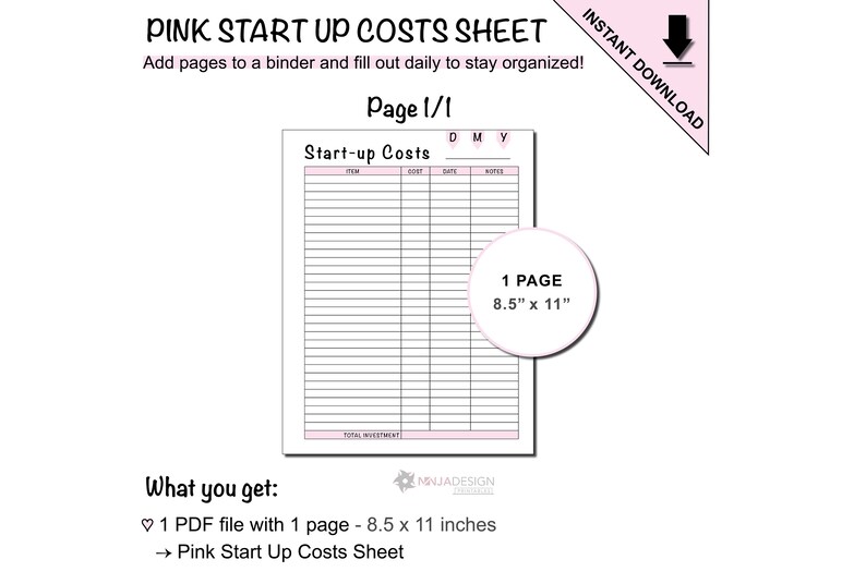 Printable Start up Cost Sheet for Business - Etsy