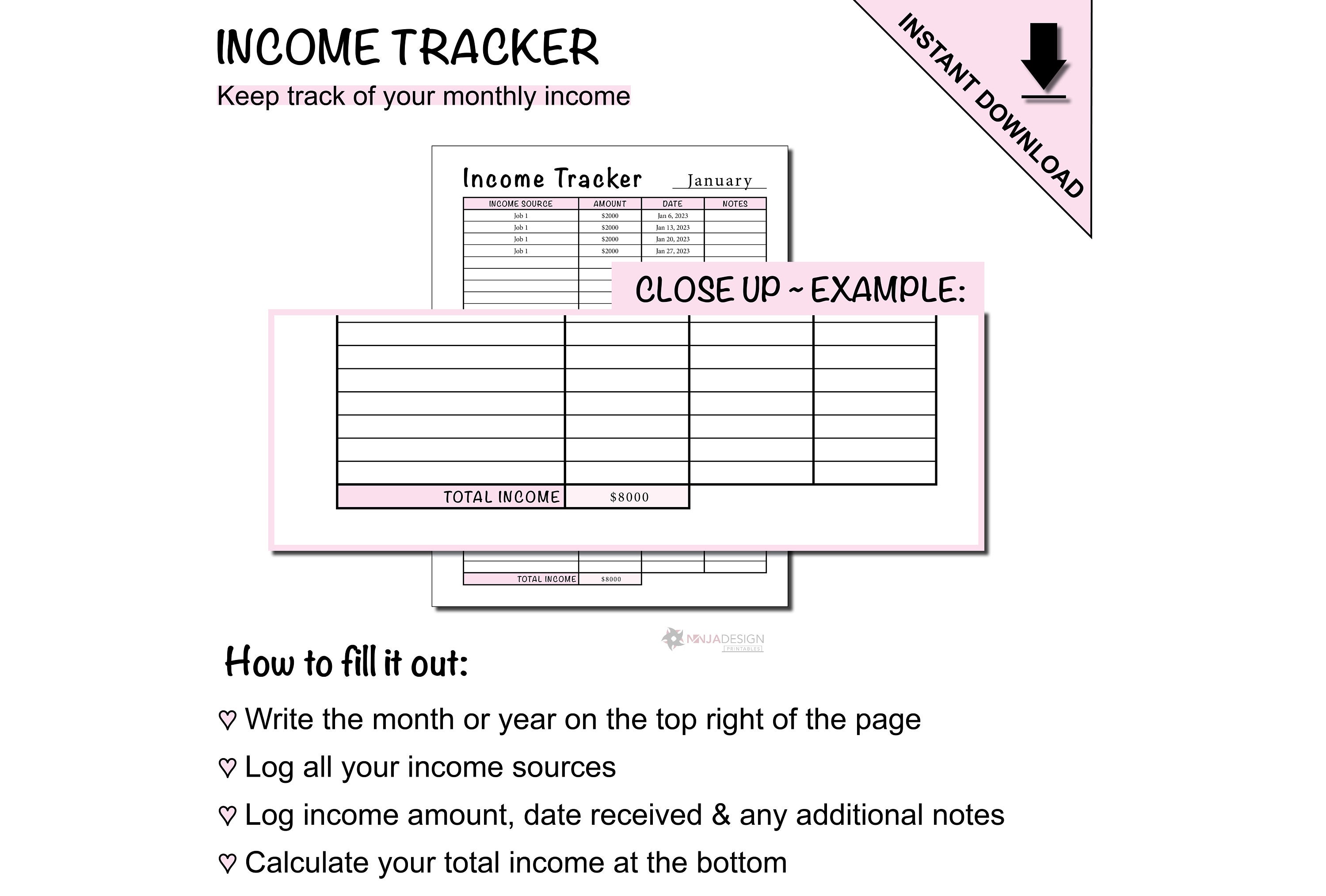 Printable Income Tracker Sheet to Track Your Monthly Income & Different ...
