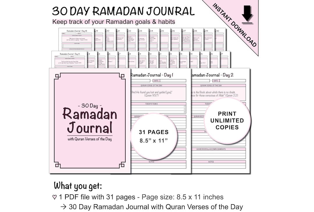 Printable Pink 30 Day Ramadan Journal With Quran Verses of the Day for ...
