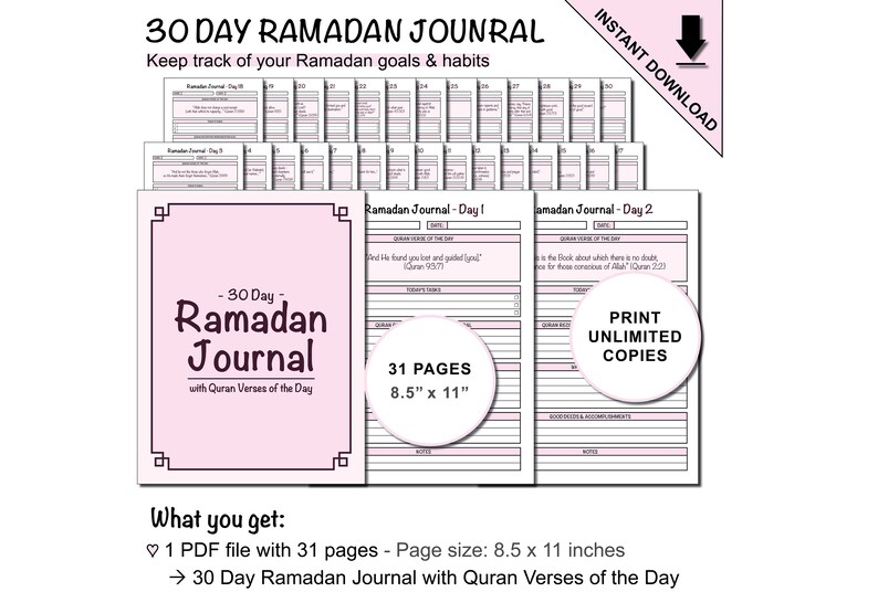 Printable Pink 30 Day Ramadan Journal With Quran Verses of the Day for ...