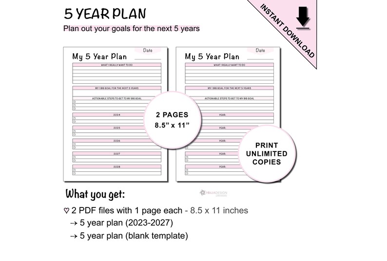Printable 5 Year Goal Planning Template for 2024 to 2028 Plus Blank ...
