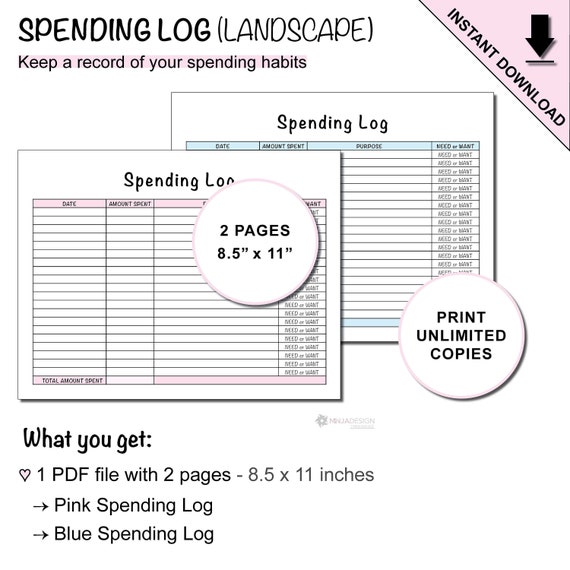 Printable Landscape Spending Log Sheet to Track Spending | Etsy