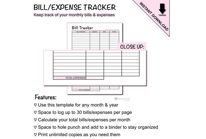Printable Bills & Expenses Tracker Sheet to Log and Keep Track of Your ...