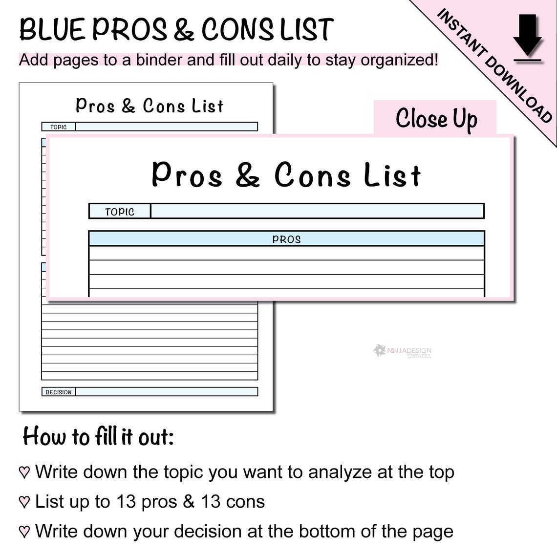 Printable Pros & Cons List to Help You Make a Decision - Etsy