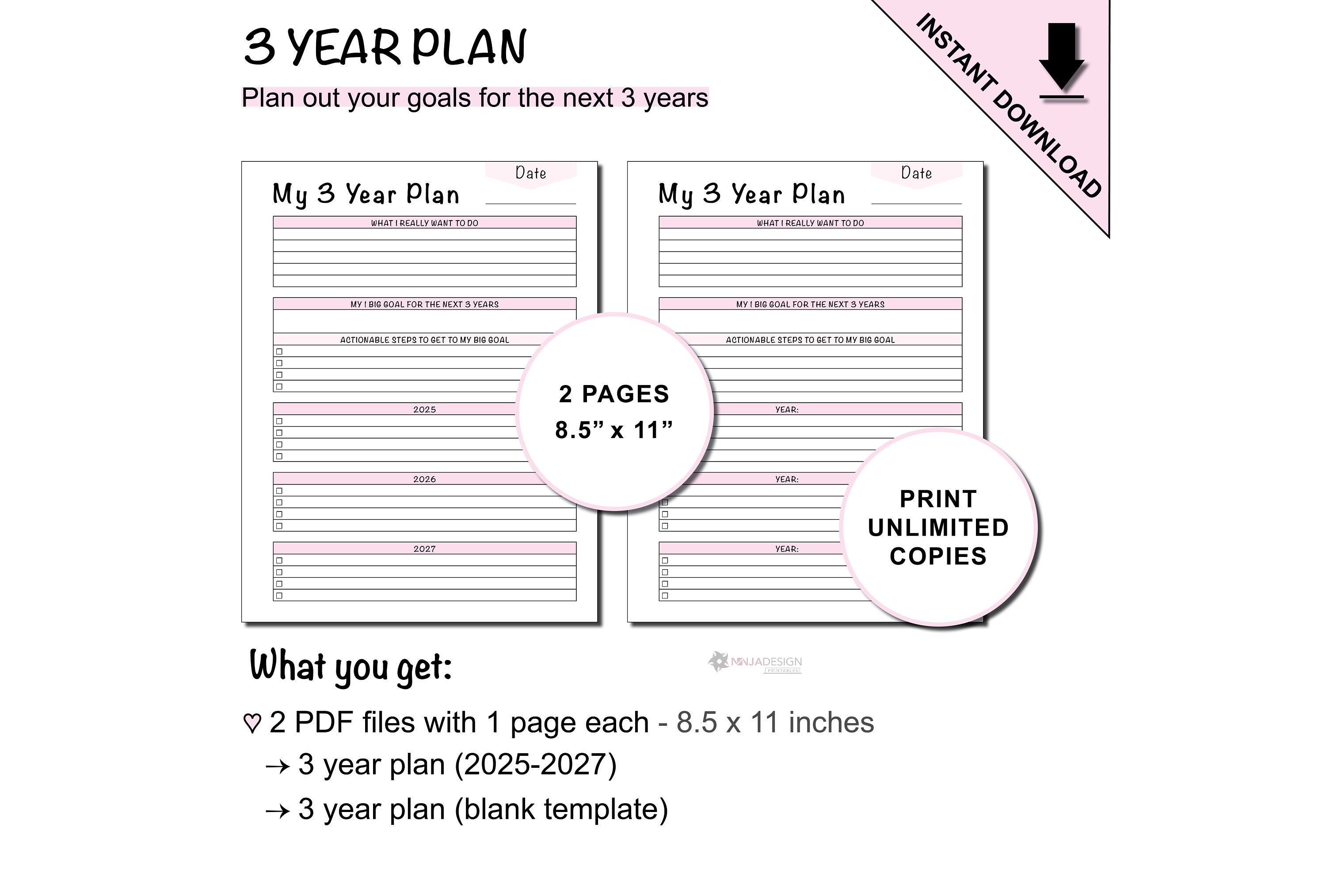 Printable 3 Year Goal Planning Template for 2025 to 2027 Plus Blank ...