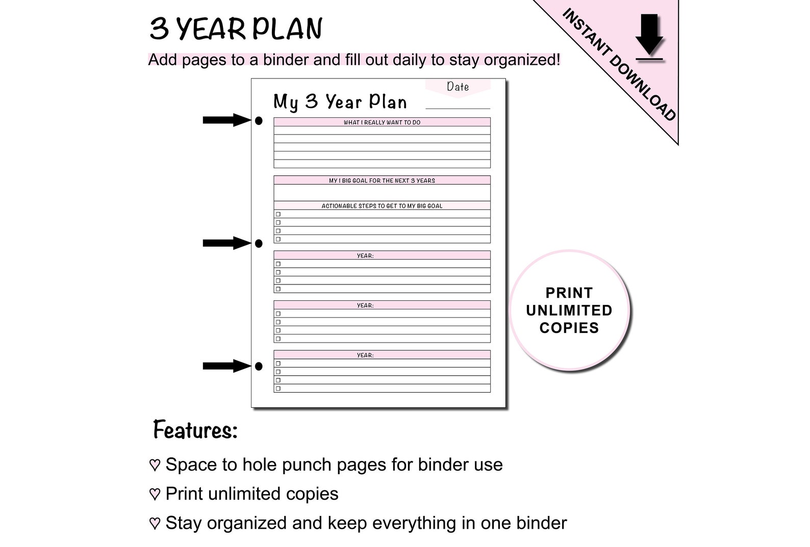 Printable 3 Year Goal Planning Template for 2025 to 2027 Plus Blank ...