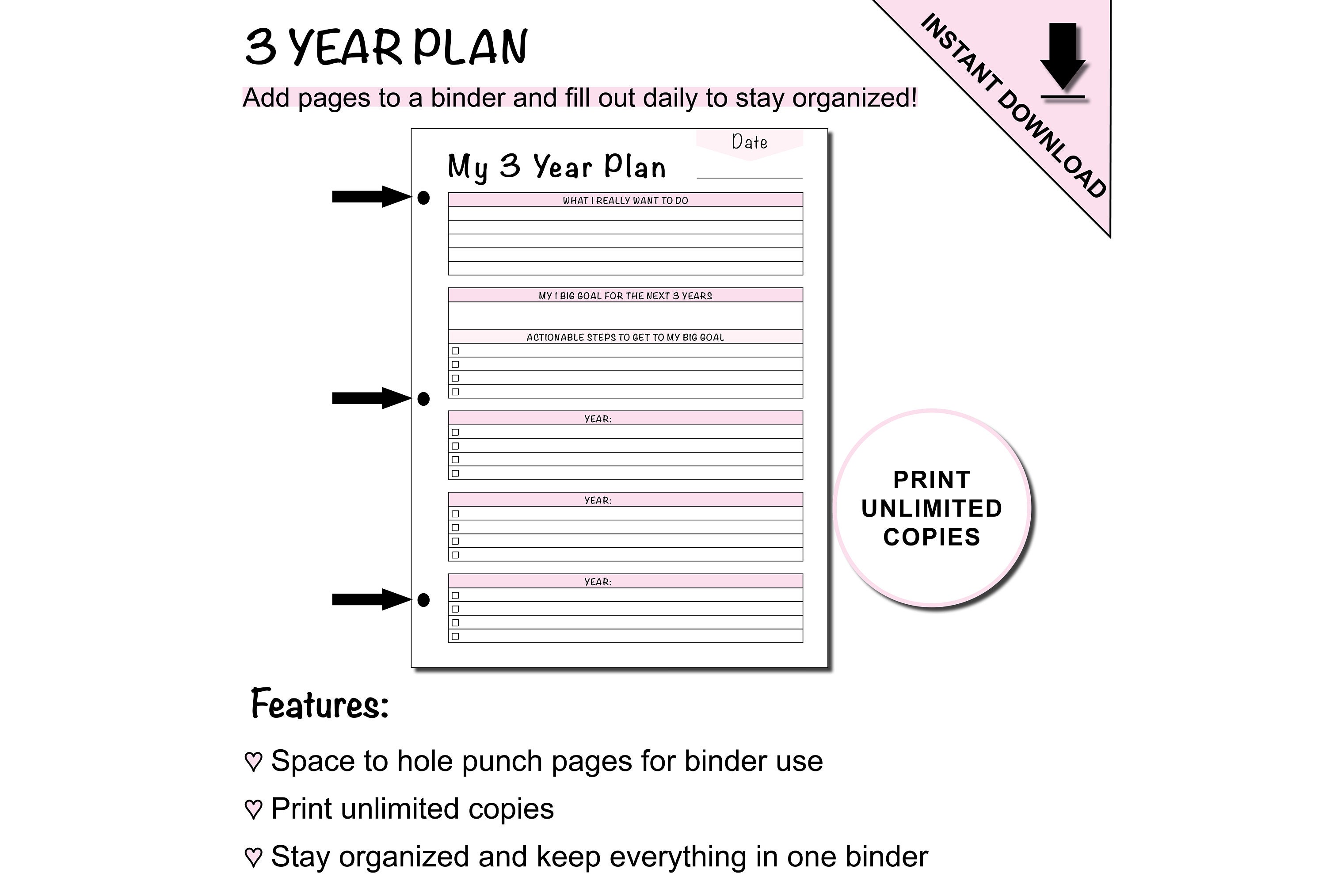 Printable 3 Year Goal Planning Template for 2025 to 2027 Plus Blank ...