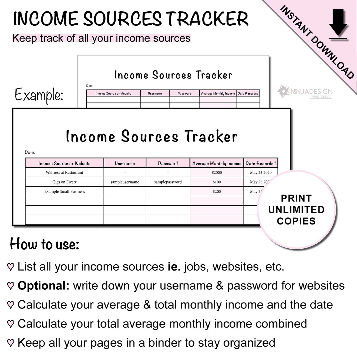 Printable Income Sources Tracker to Track Multiple Sources of | Etsy