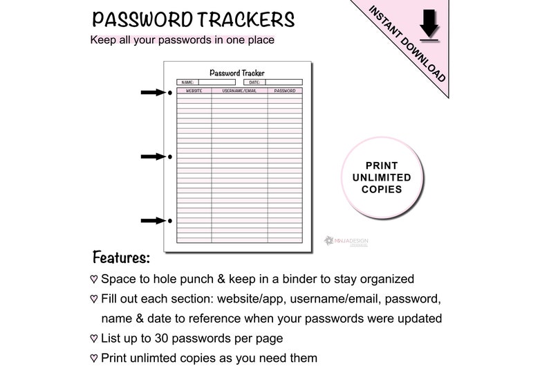 Printable Password Tracker to Keep Track of Website or App Log in ...