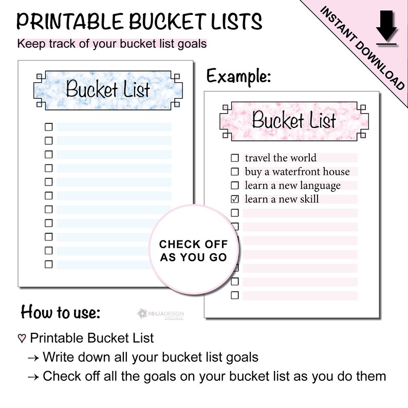 Printable Bucket List Sheets With Checkboxes in Pink & Blue - Etsy