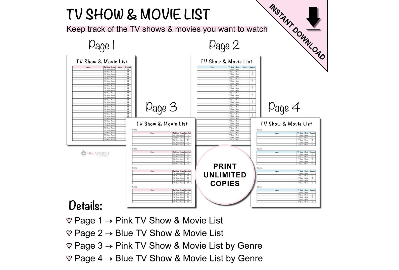 Printable TV Show and Movie List Tracker for Shows and Movies You Want ...