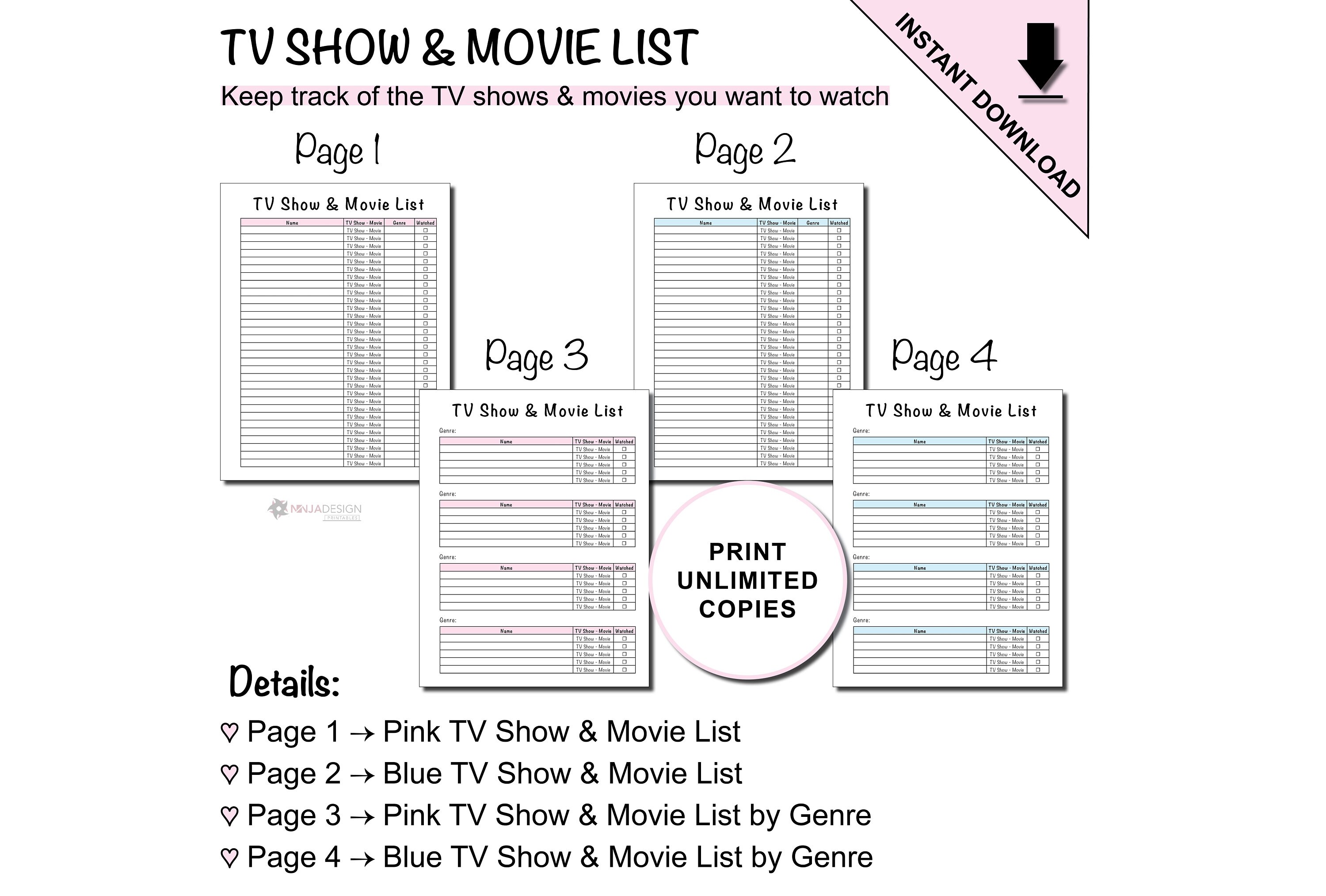 Printable TV Show and Movie List Tracker for Shows and Movies You Want ...
