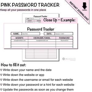 Printable Password Tracker to Keep Track of Website or App Log in ...