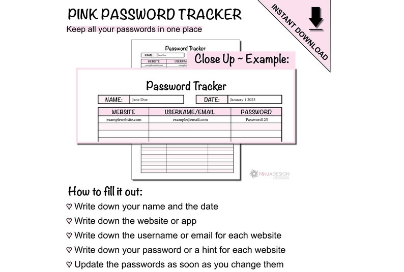 Printable Password Tracker to Keep Track of Website or App Log in ...