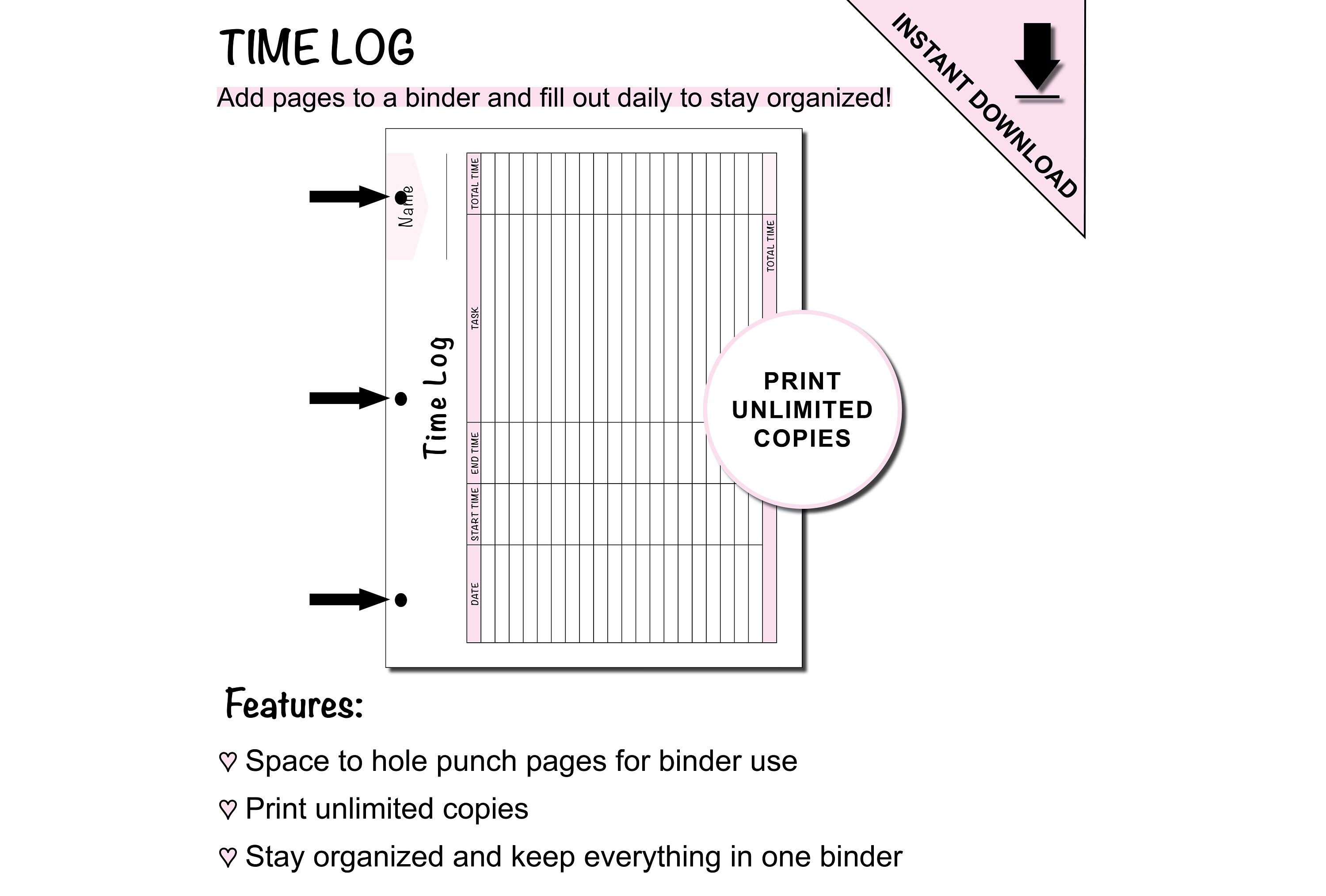 Printable Time Log Sheet to Track Time Spent Working on Tasks for ...