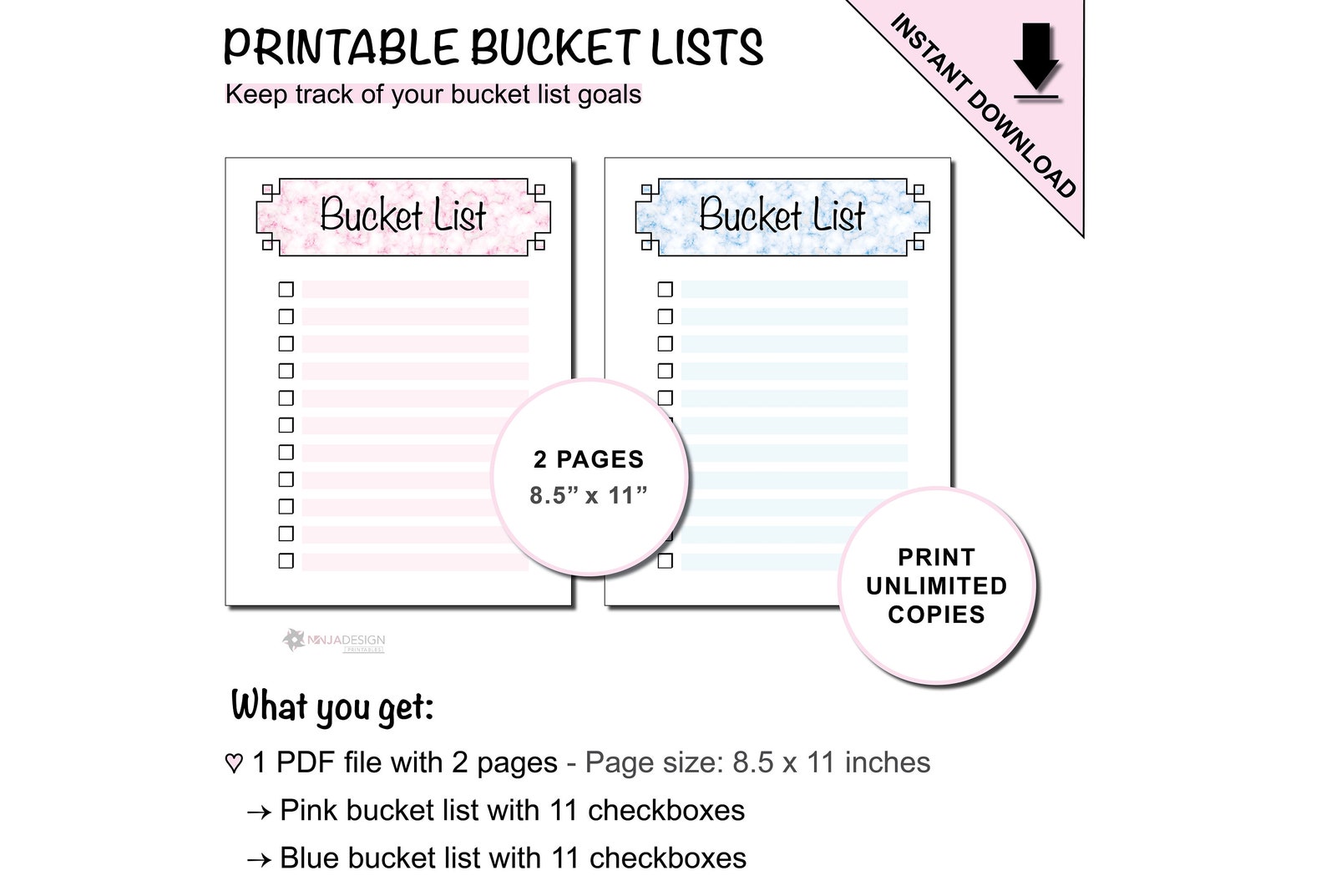 Printable Bucket List Sheets With Checkboxes in Pink & Blue to Keep ...