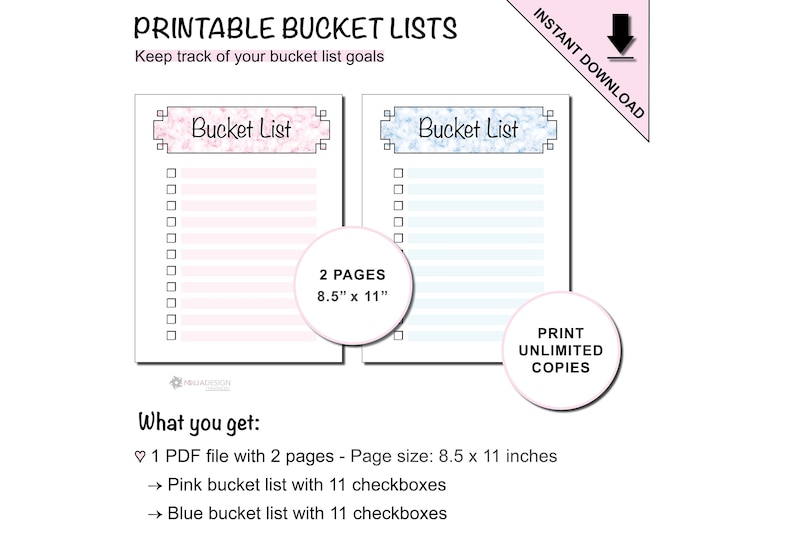 Printable Bucket List Sheets With Checkboxes in Pink & Blue to Keep ...