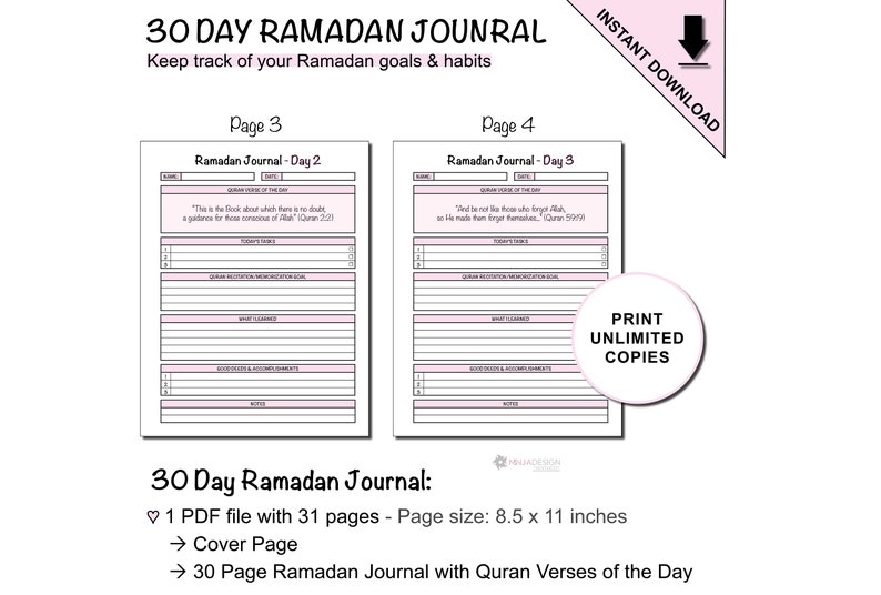 Printable Pink 30 Day Ramadan Journal With Quran Verses of the Day for ...