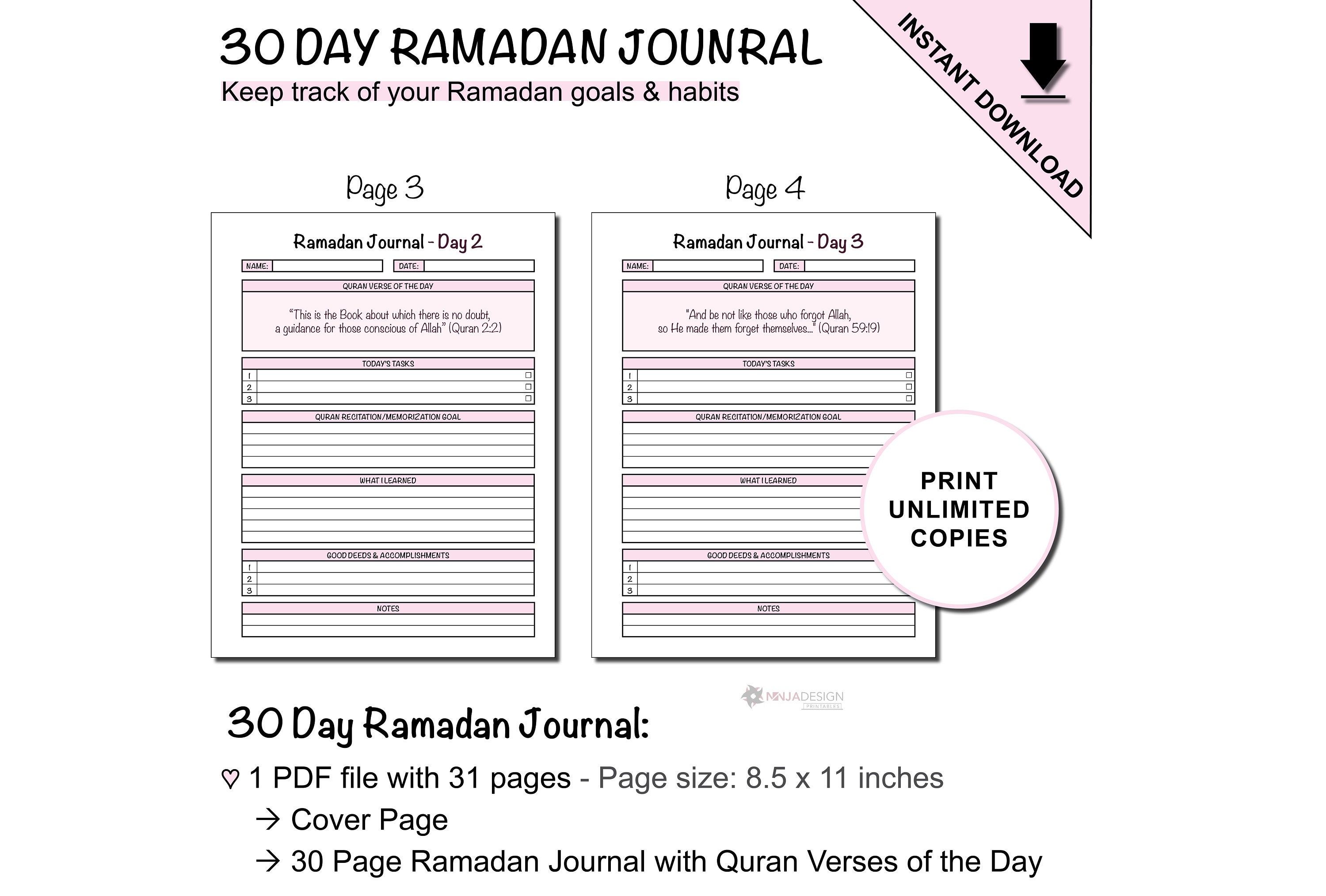 Printable Pink 30 Day Ramadan Journal With Quran Verses of the Day for ...