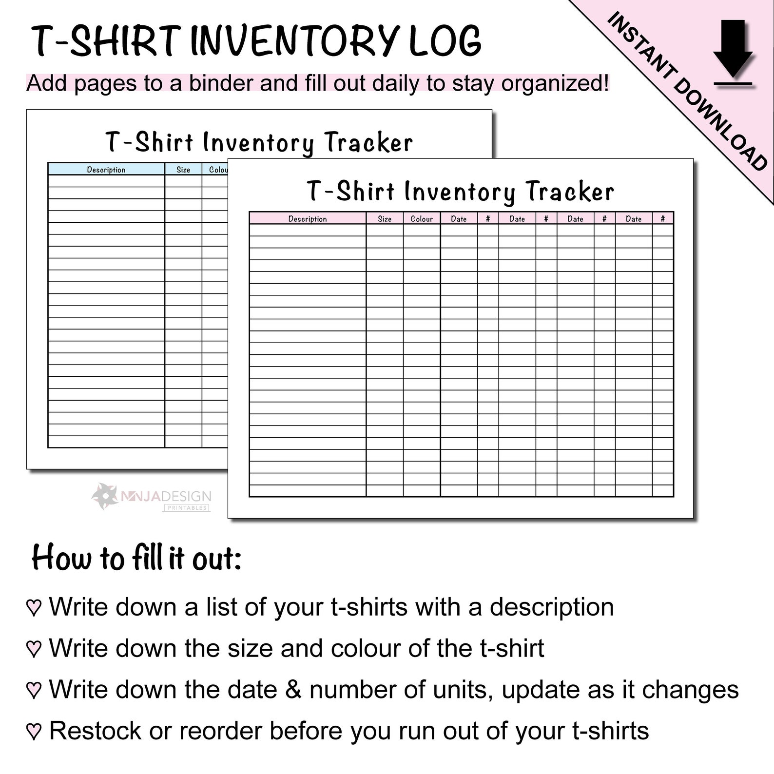 Printable T-shirt Inventory Tracker Sheet for Small Businesses (Instant ...