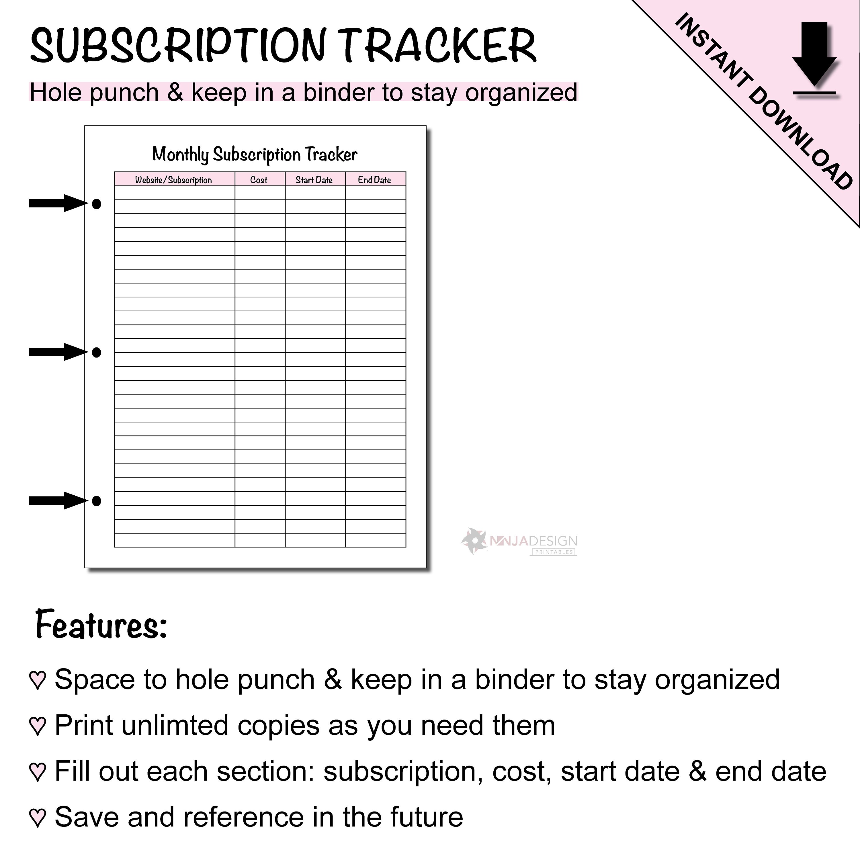 Printable Monthly Subscription Tracker to Track Website - Etsy