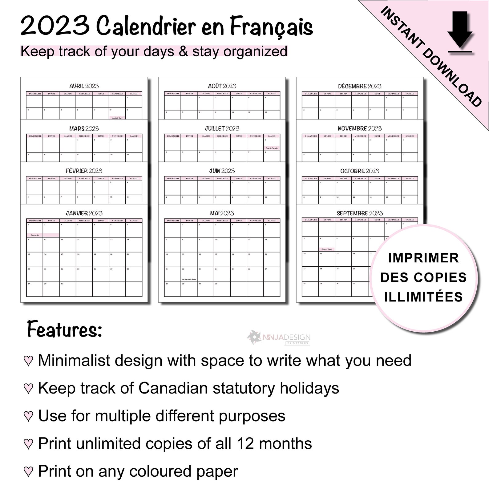 Printable Minimalist Calendar in French for 2023 With Canadian - Etsy