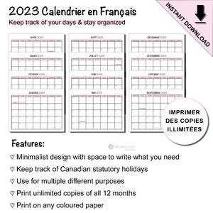 Printable Minimalist Calendar in French for 2023 With Canadian - Etsy