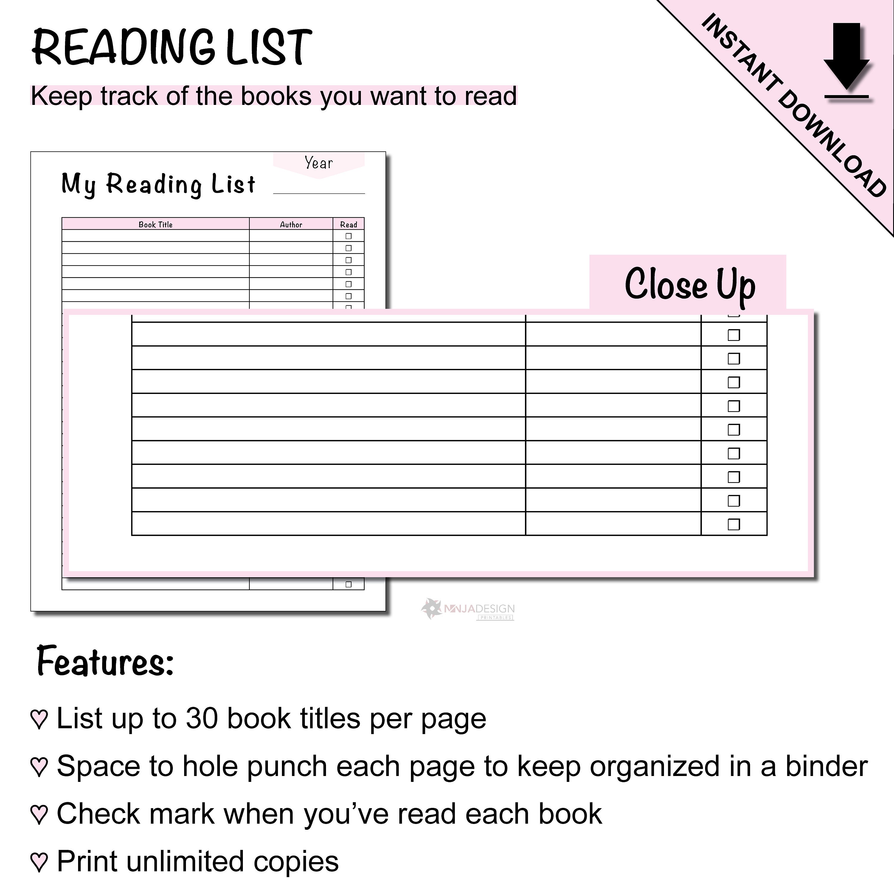Printable Reading List Tracker for Books You Want to Read or - Etsy
