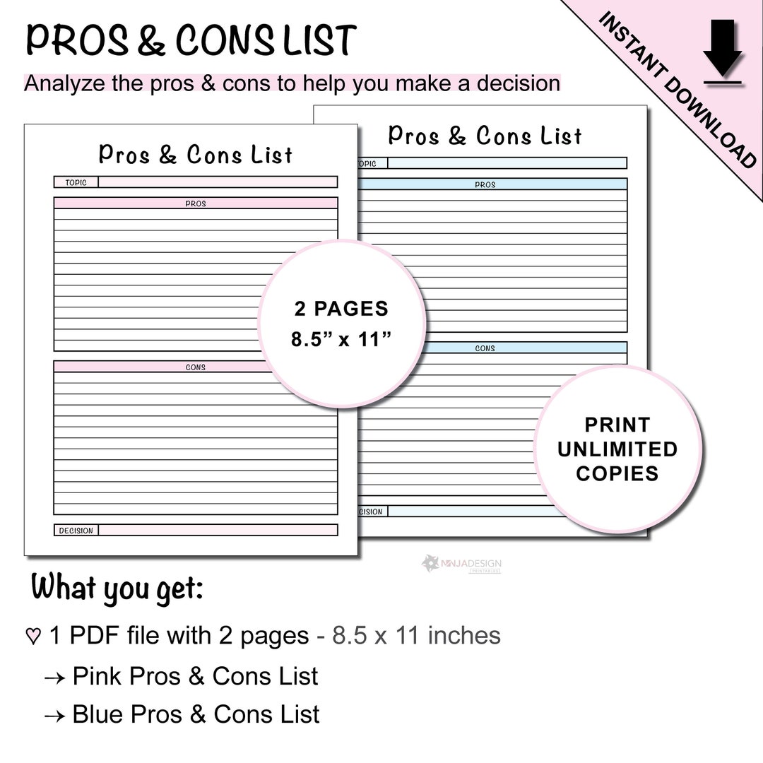 Printable Pros & Cons List to Help You Make a Decision - Etsy