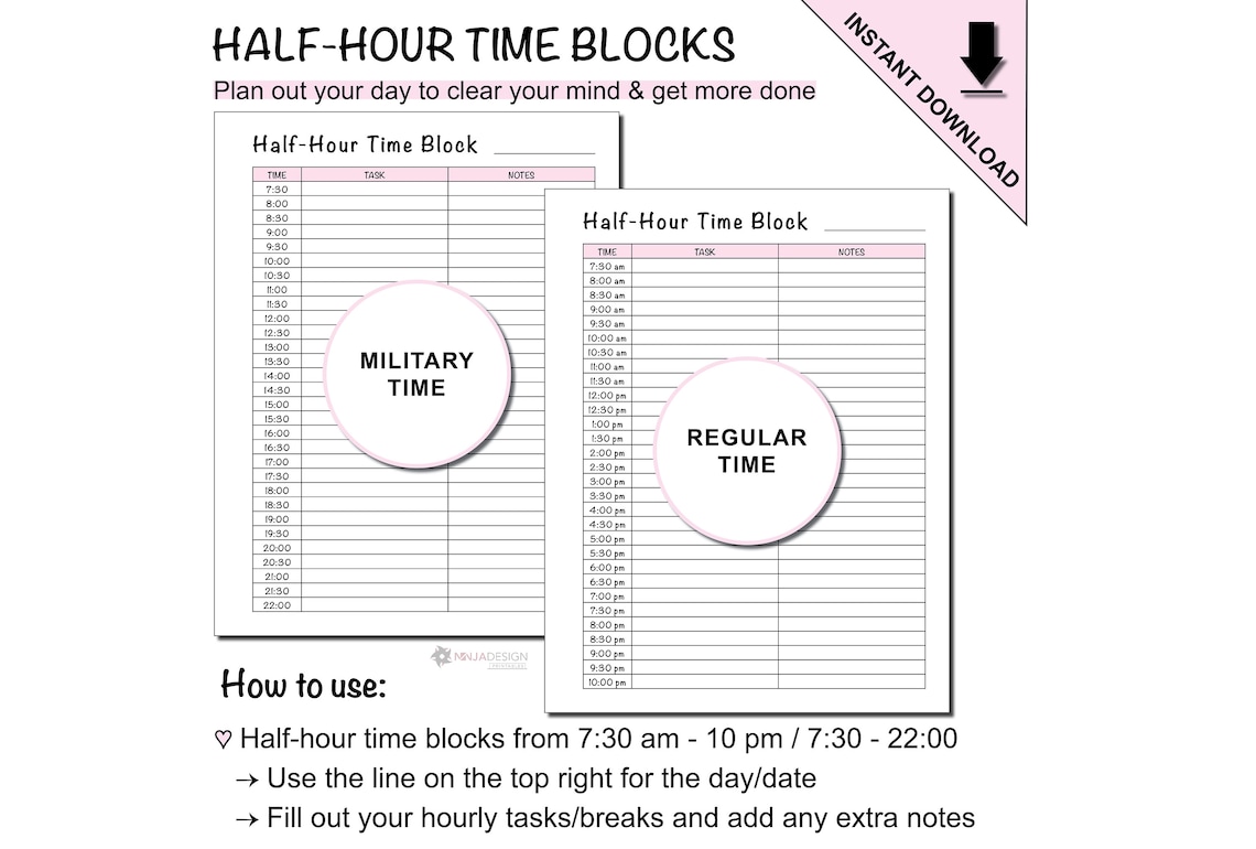 Printable Daily Time Block Schedules by Hour and Half-hour Regular Time ...